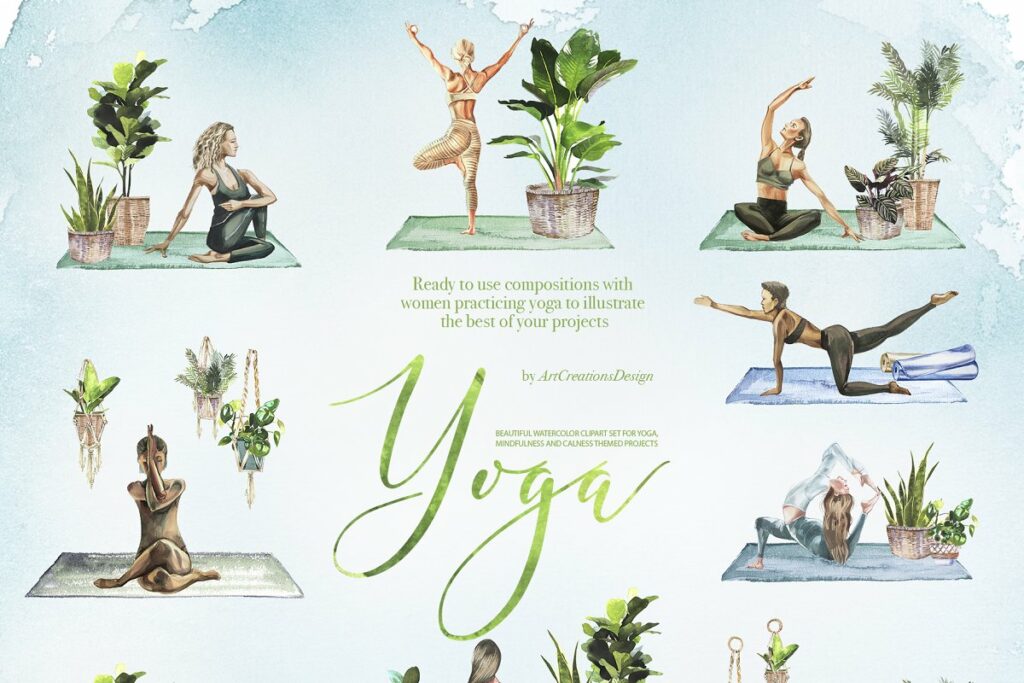 Watercolor Yoga Clipart Set – MasterBundles
