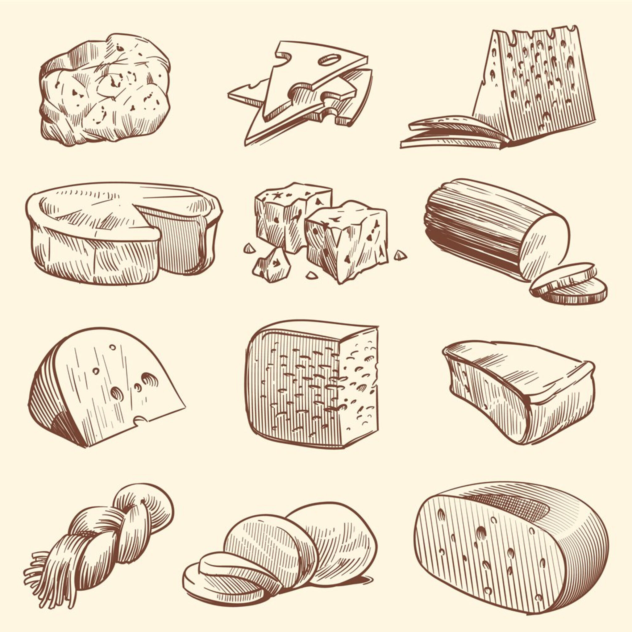 Hand Drawn Cheese. Various Types Of Cheeses. Tasty Brie, Moz ...