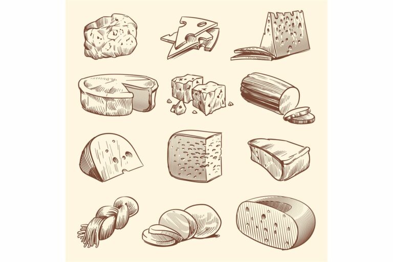 Hand Drawn Cheese. Various Types Of Cheeses. Tasty Brie, Moz ...