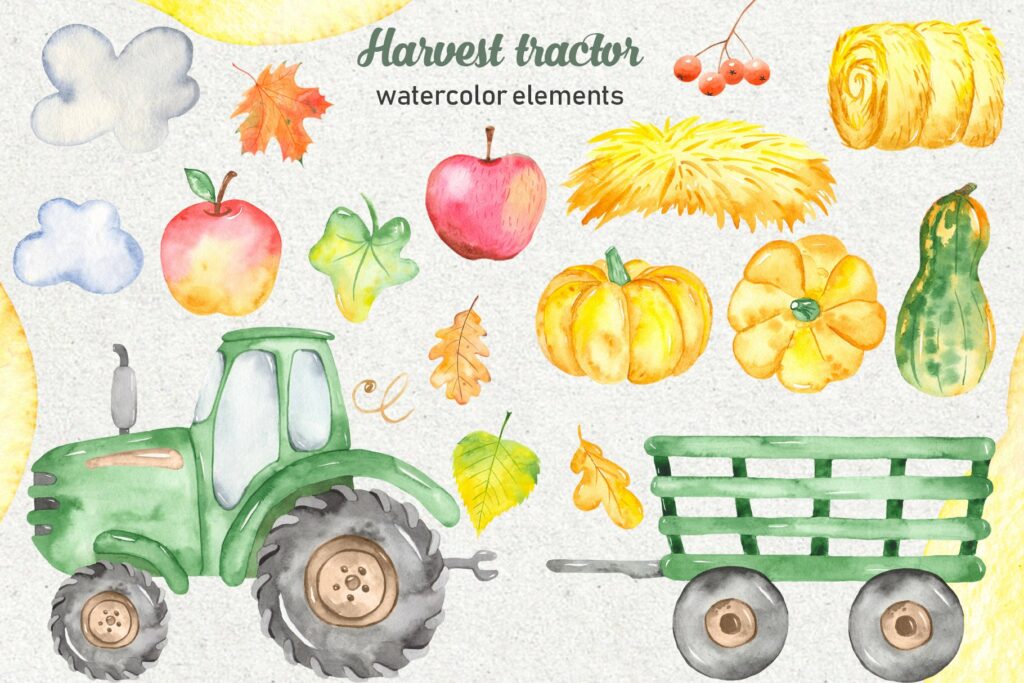 Harvest Tractor Watercolor Clipart – MasterBundles