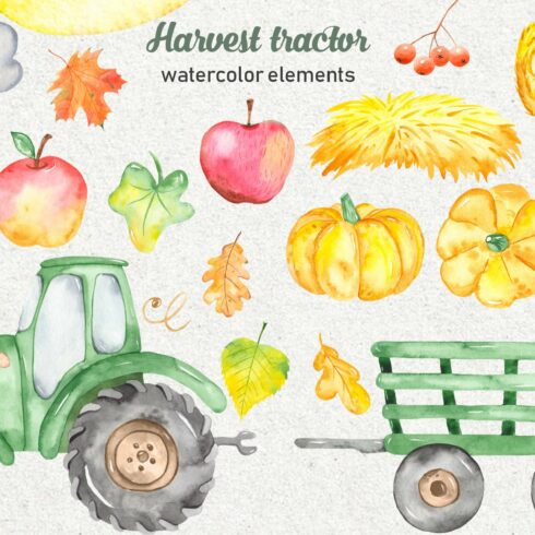 Harvest Tractor Watercolor Clipart | Master Bundles
