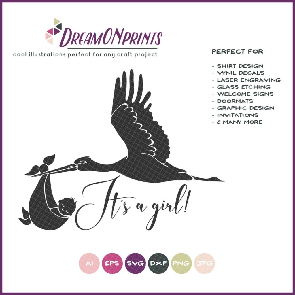 It's a Girl SVG - Stork SVG Cut File - SVG Baby Announcement ...