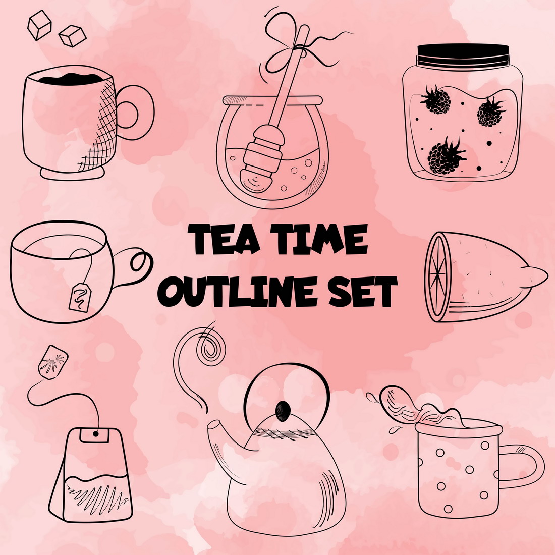 Tea time outline set - MasterBundles