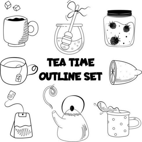 Tea time outline set - MasterBundles