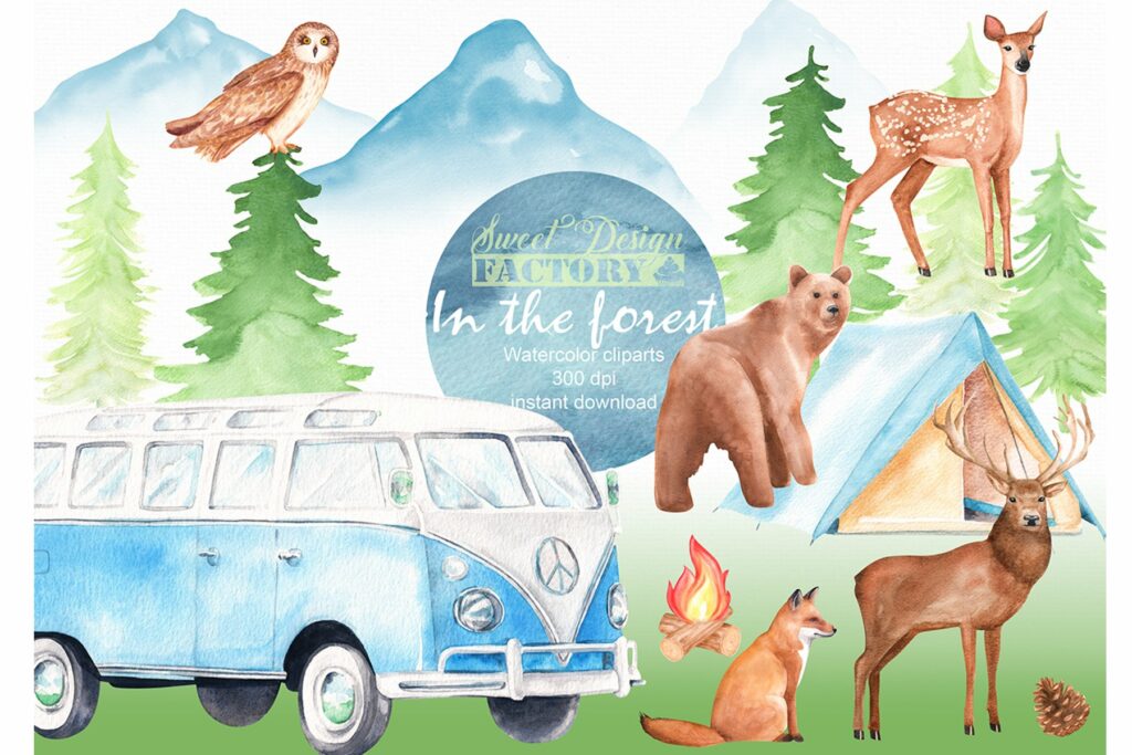 Watercolor Forest Camper Cliparts – MasterBundles