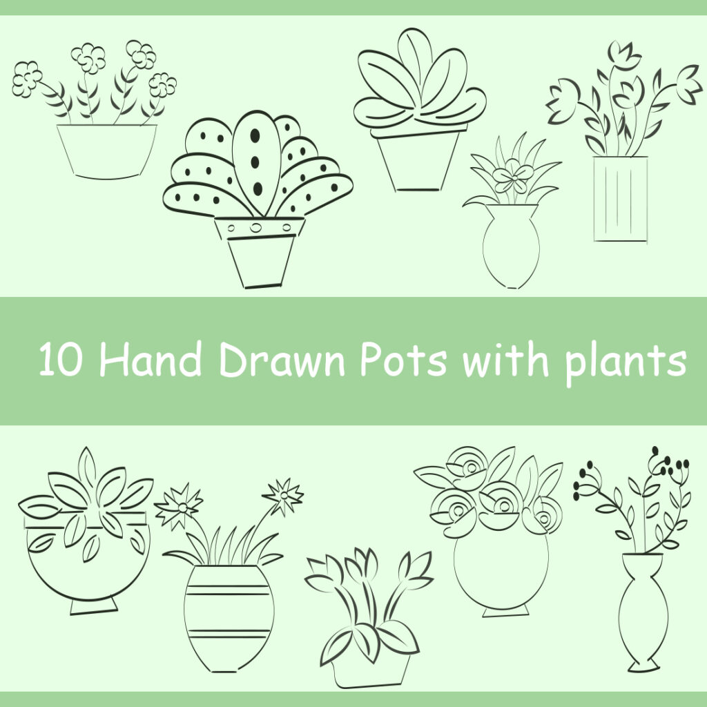 Hand Drawn Pot with Plants - MasterBundles
