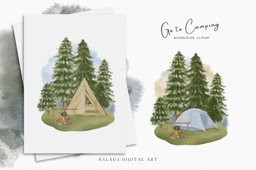 Watercolor vintage Camping Clipart – MasterBundles