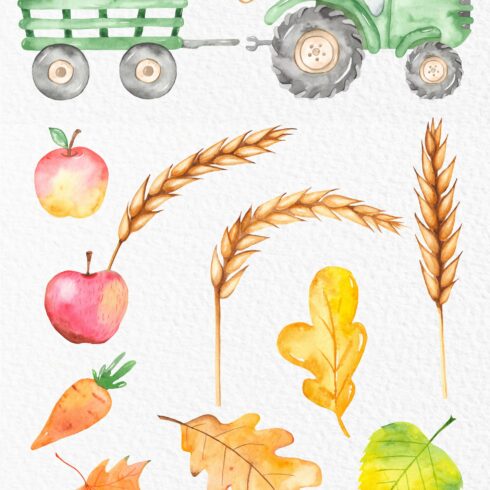 Harvest Tractor Watercolor Clipart | Master Bundles