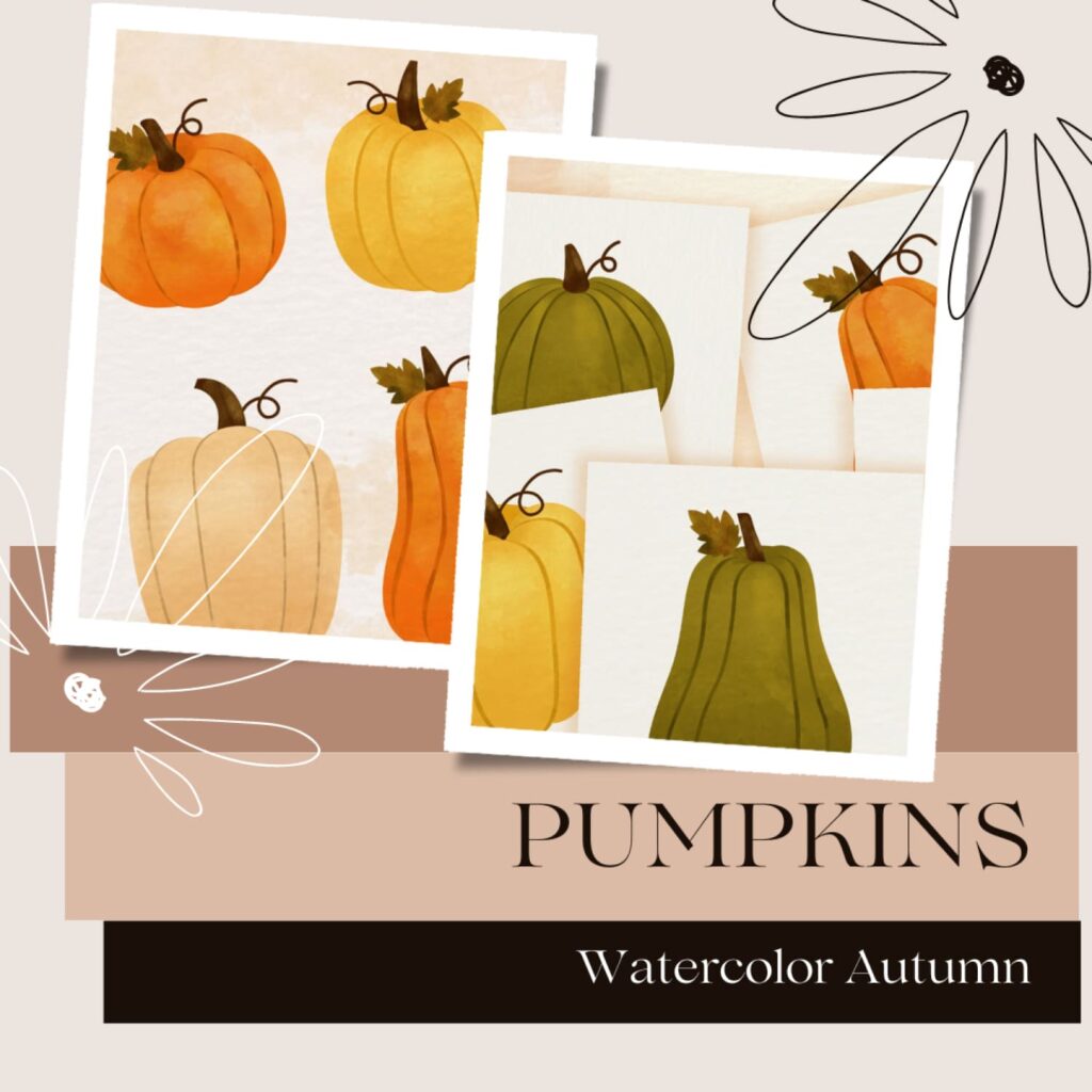 Watercolor autumn compositions with pumpkins and flowers | MasterBundles