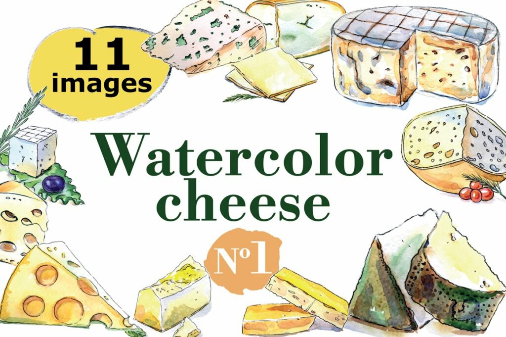 Watercolor Cheese Vector Set | Master Bundles