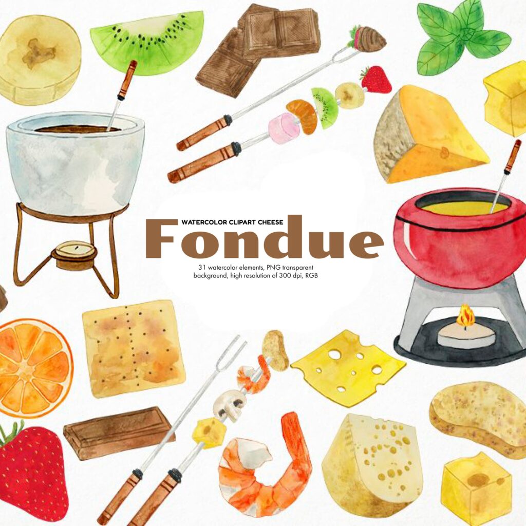 Watercolor Fondue Clipart, Cheese Fondue, Chocolate Fondue – MasterBundles