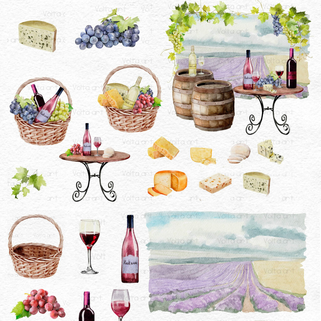 Watercolor Wine Clipart, White And Red Wine, Grapes, Cheese – MasterBundles