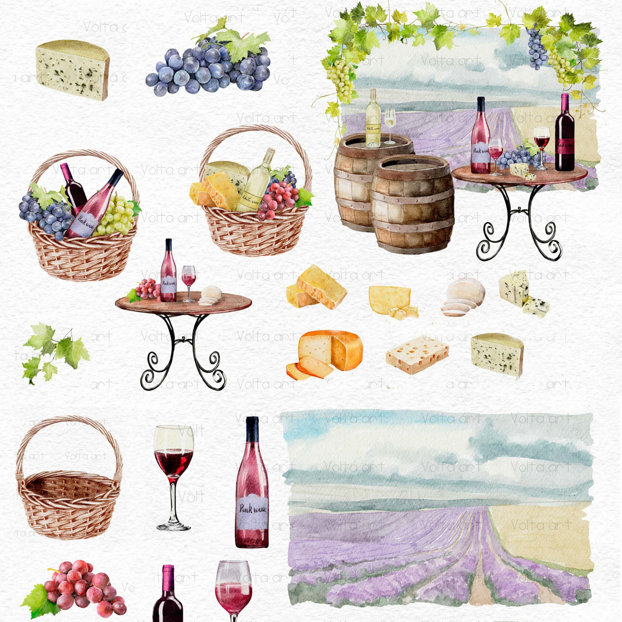 Watercolor Wine Clipart, White And Red Wine, Grapes, Cheese – MasterBundles