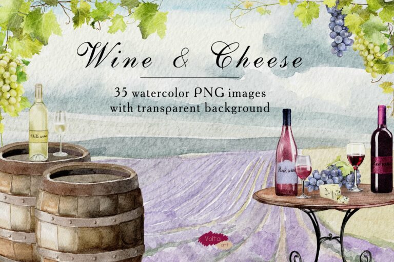 Watercolor Wine Clipart, White And Red Wine, Grapes, Cheese – MasterBundles