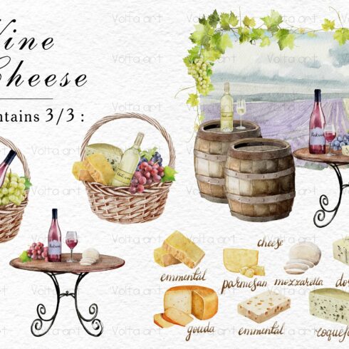 Watercolor Wine Clipart, White And Red Wine, Grapes, Cheese | MasterBundles