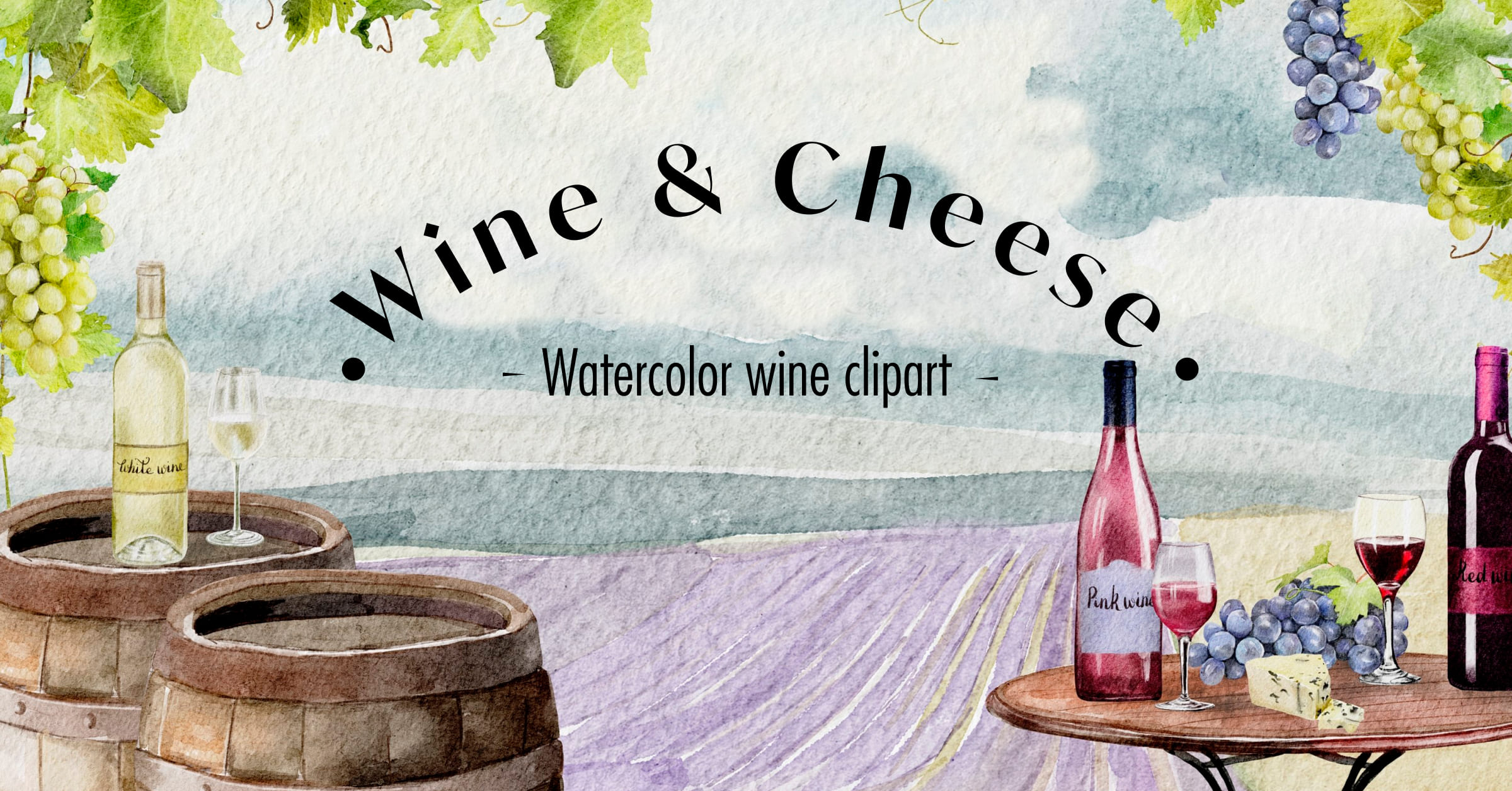Watercolor Wine Clipart, White And Red Wine, Grapes, Cheese – MasterBundles