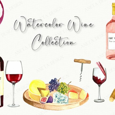 Wine & Cheese Watercolor Clipart, Wine Glasses Clipart | Master Bundles
