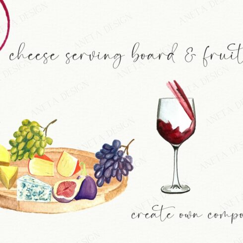 Wine & Cheese Watercolor Clipart, Wine Glasses Clipart | Master Bundles