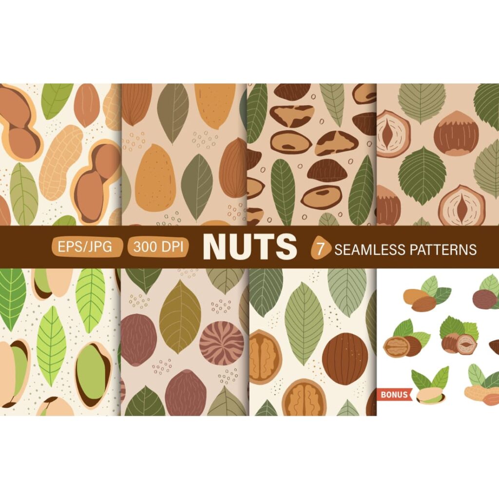 Vector Set Of Seamless Patterns With Nuts – MasterBundles