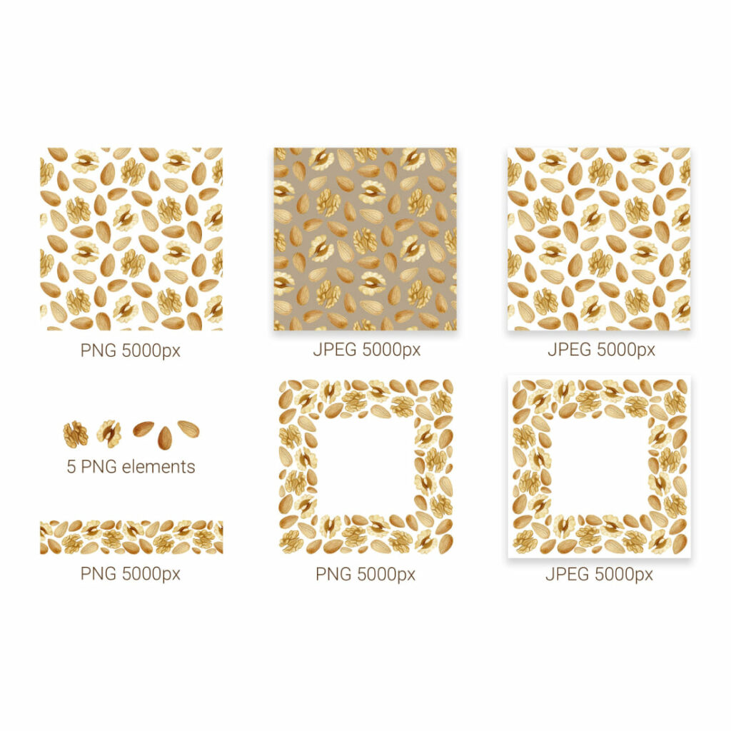 Hand-drawn Nuts Kernels Set: Seamless Pattern and Frame – MasterBundles