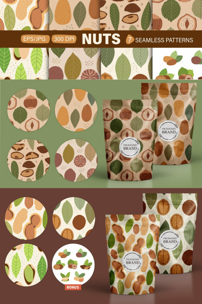 Vector Set Of Seamless Patterns With Nuts – MasterBundles