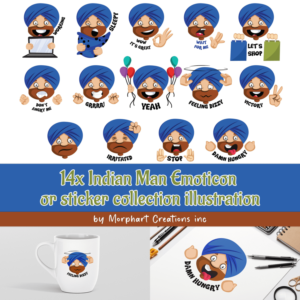 14 Indian Man Emoticon Or Sticker Collection Illustration – MasterBundles