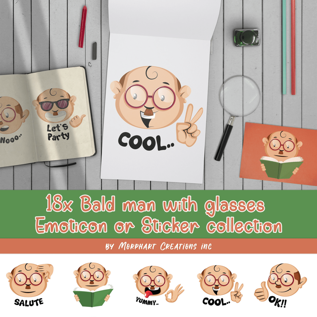 18 Bald Man With Glasses Emoticon Or Sticker Collection – MasterBundles