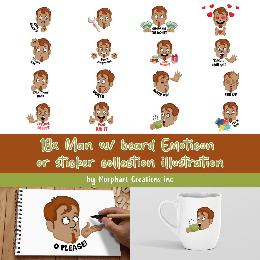 18x Man With Beard Emoticon Or Sticker Collection Illustration ...