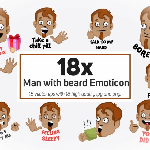 18x Man With Beard Emoticon Or Sticker Collection Illustration – MasterBundles