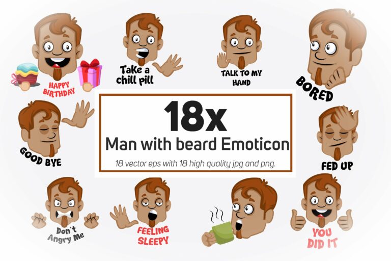 18x Man With Beard Emoticon Or Sticker Collection Illustration ...