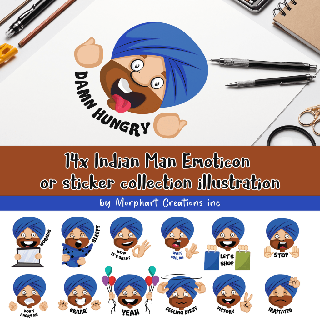 14 Indian Man Emoticon Or Sticker Collection Illustration – MasterBundles