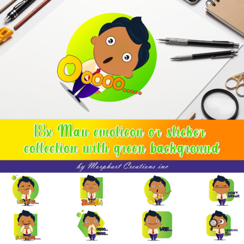 18 Man Emoticon Or Sticker Collection With Green Background – MasterBundles