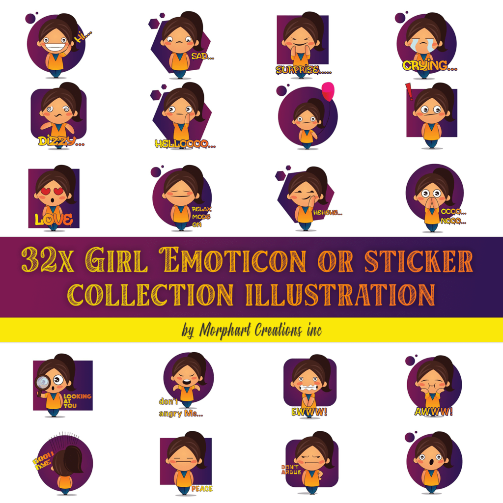 32 Girl Emoticon Or Sticker Collection Illustration – MasterBundles