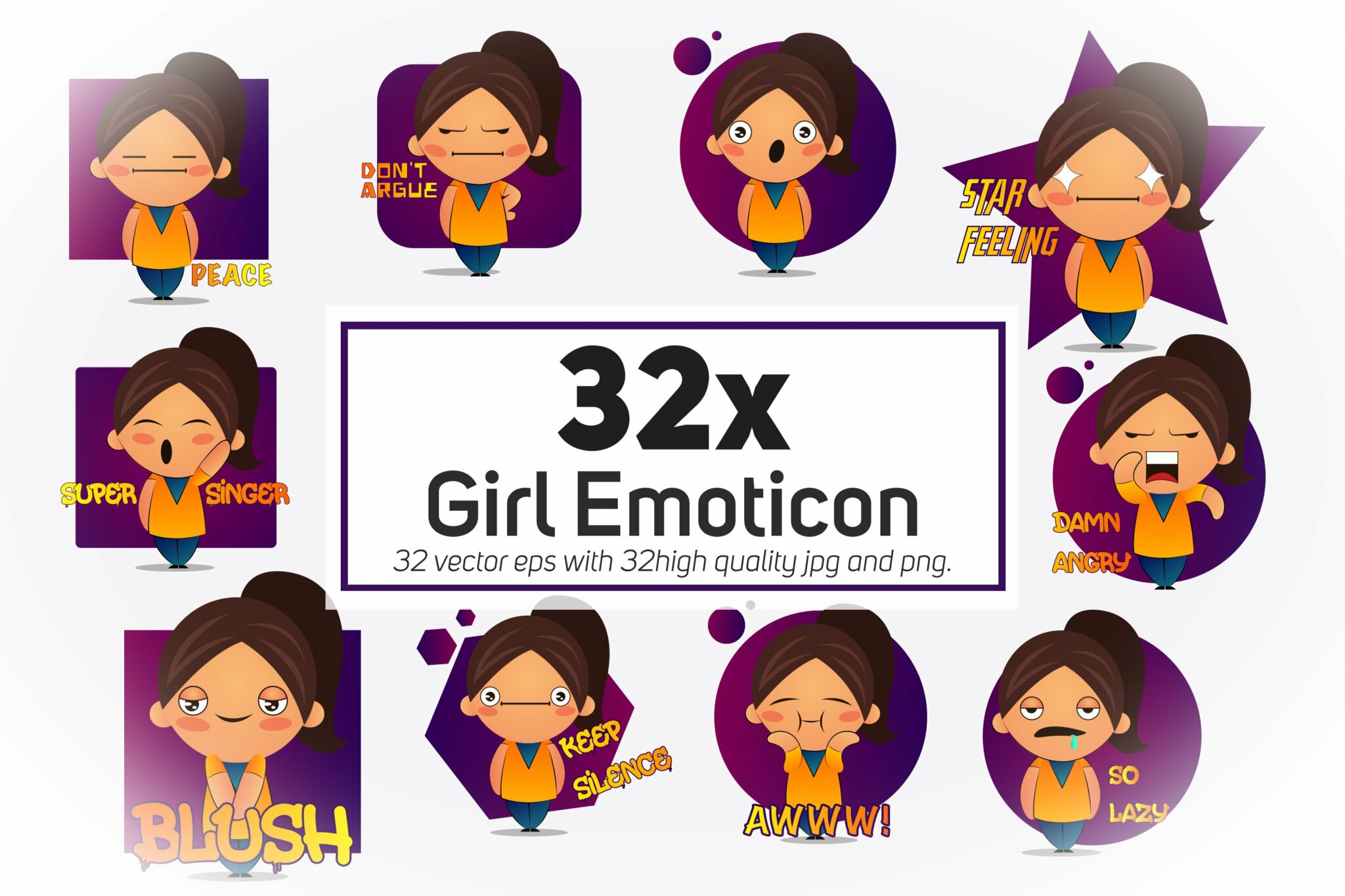 32 Girl Emoticon Or Sticker Collection Illustration – MasterBundles