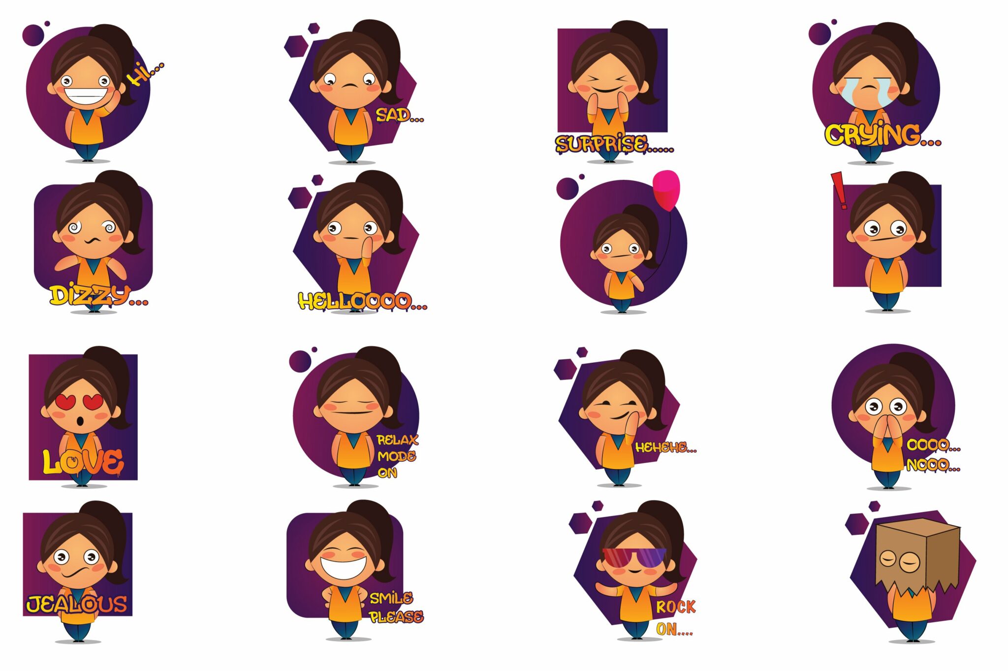 32 Girl Emoticon Or Sticker Collection Illustration – MasterBundles
