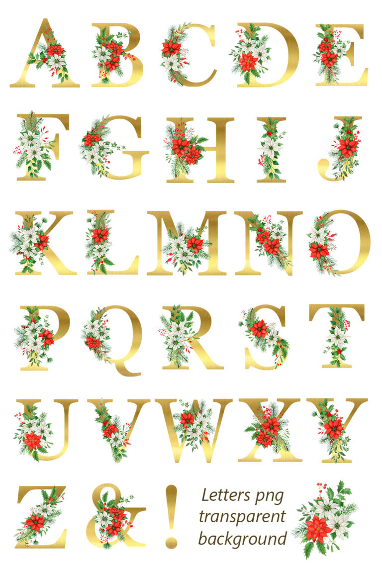 Christmas watercolor alphabet. Floral numbers and letters. Golden ...