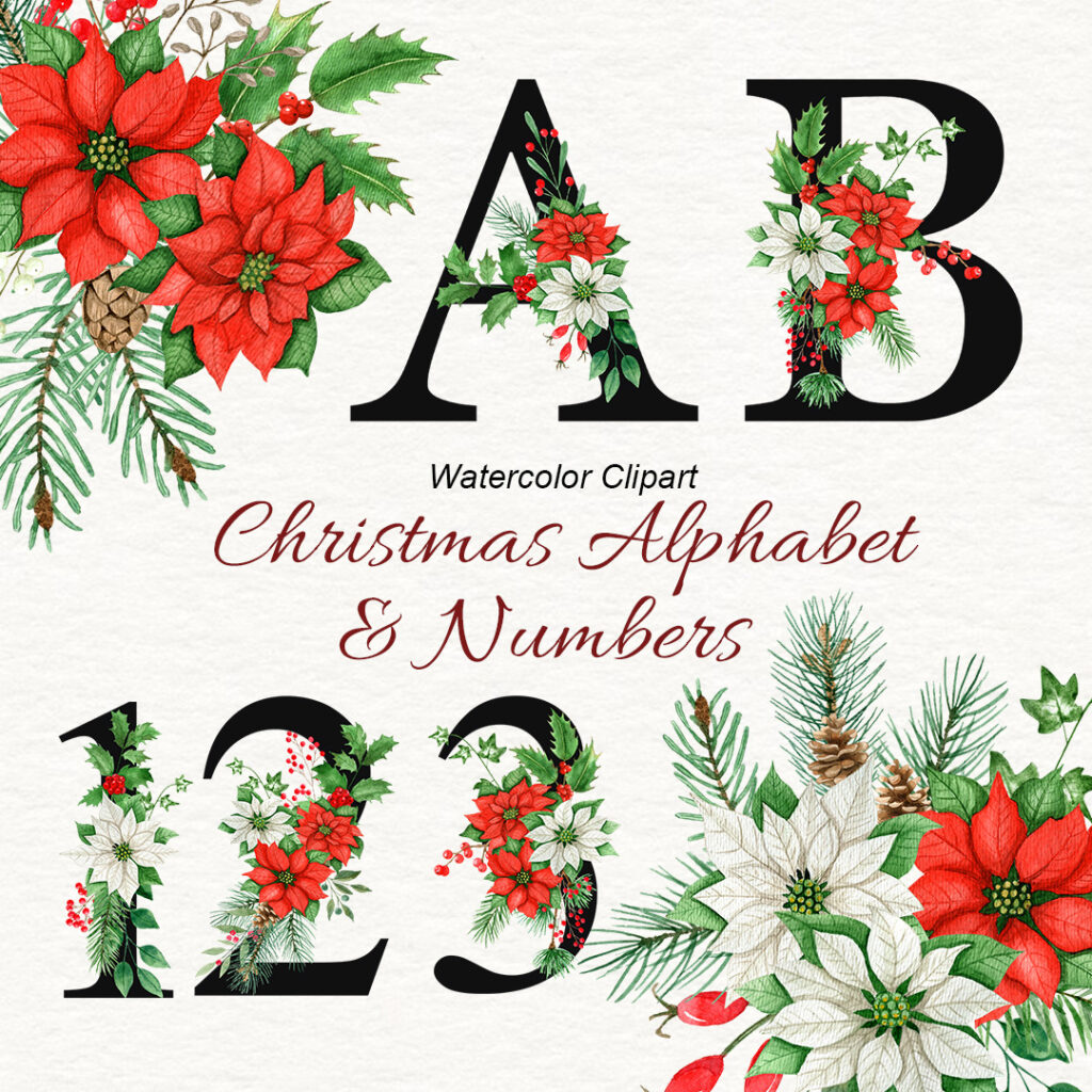 Christmas watercolor alphabet. Floral numbers and letters. Golden ...