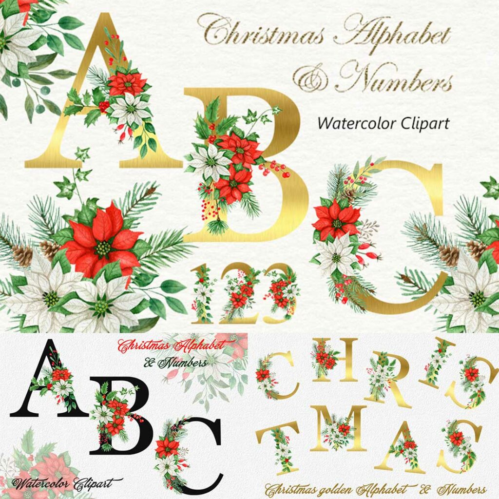 Christmas watercolor alphabet. Floral numbers and letters. Golden ...