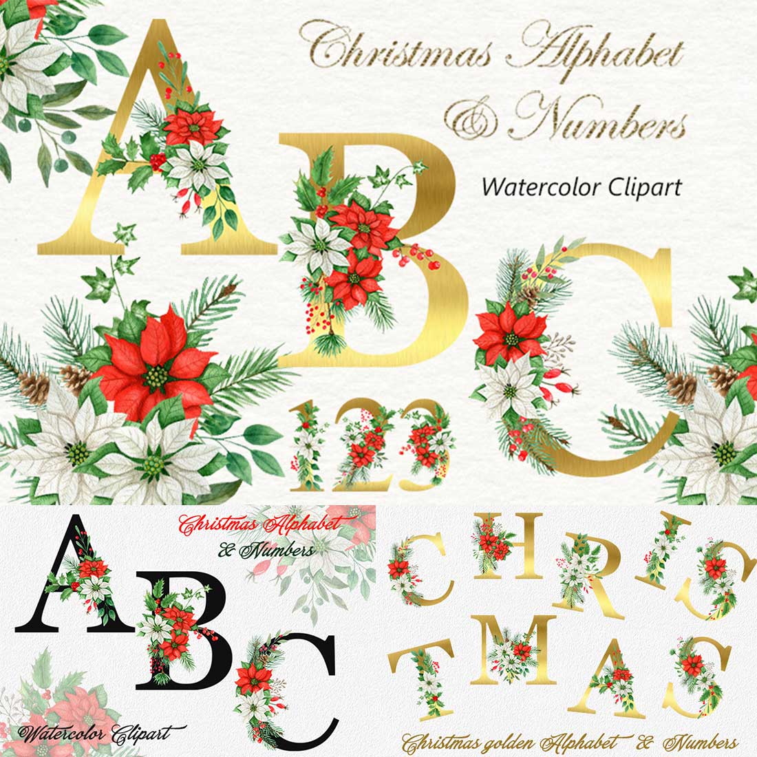 Christmas watercolor alphabet. Floral numbers and letters. Golden ...