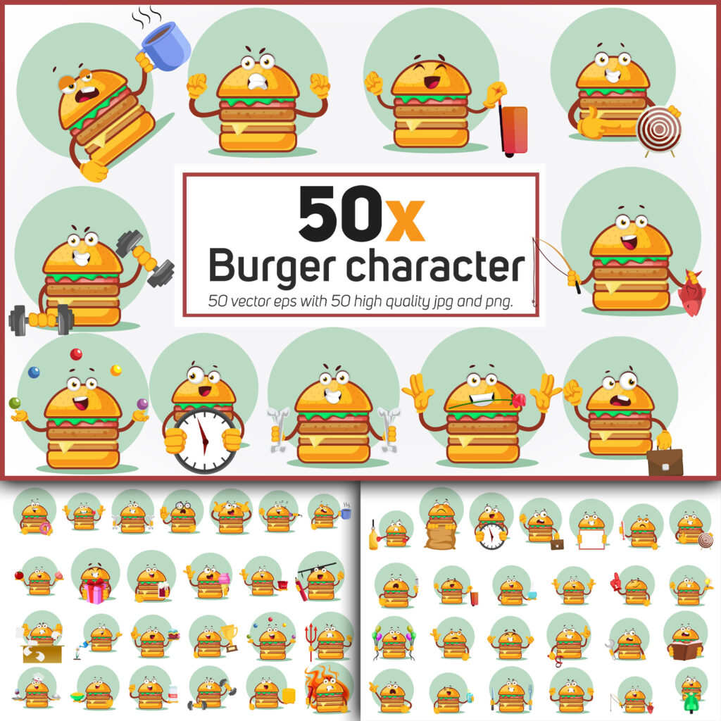 50x Burger Character in Different Situation Collection – MasterBundles