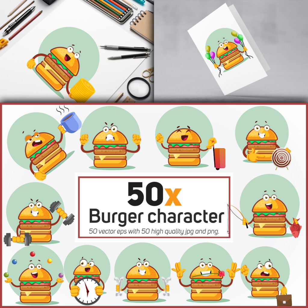 50x Burger Character in Different Situation Collection – MasterBundles