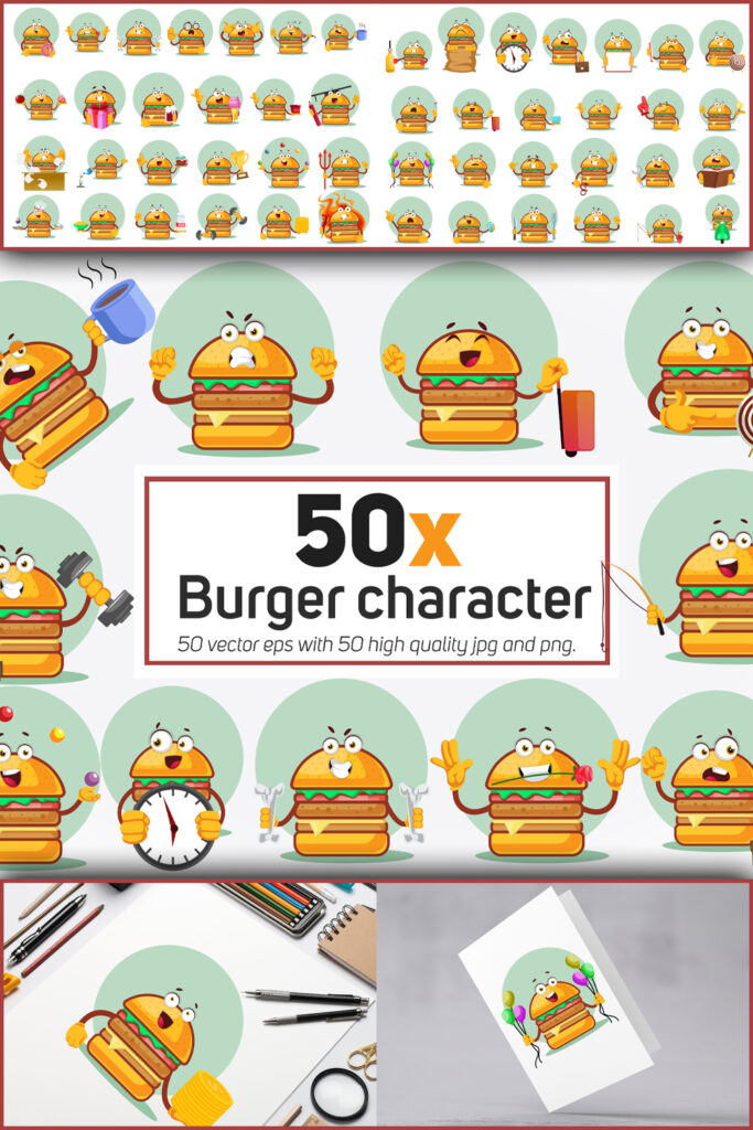 50x Burger Character in Different Situation Collection – MasterBundles