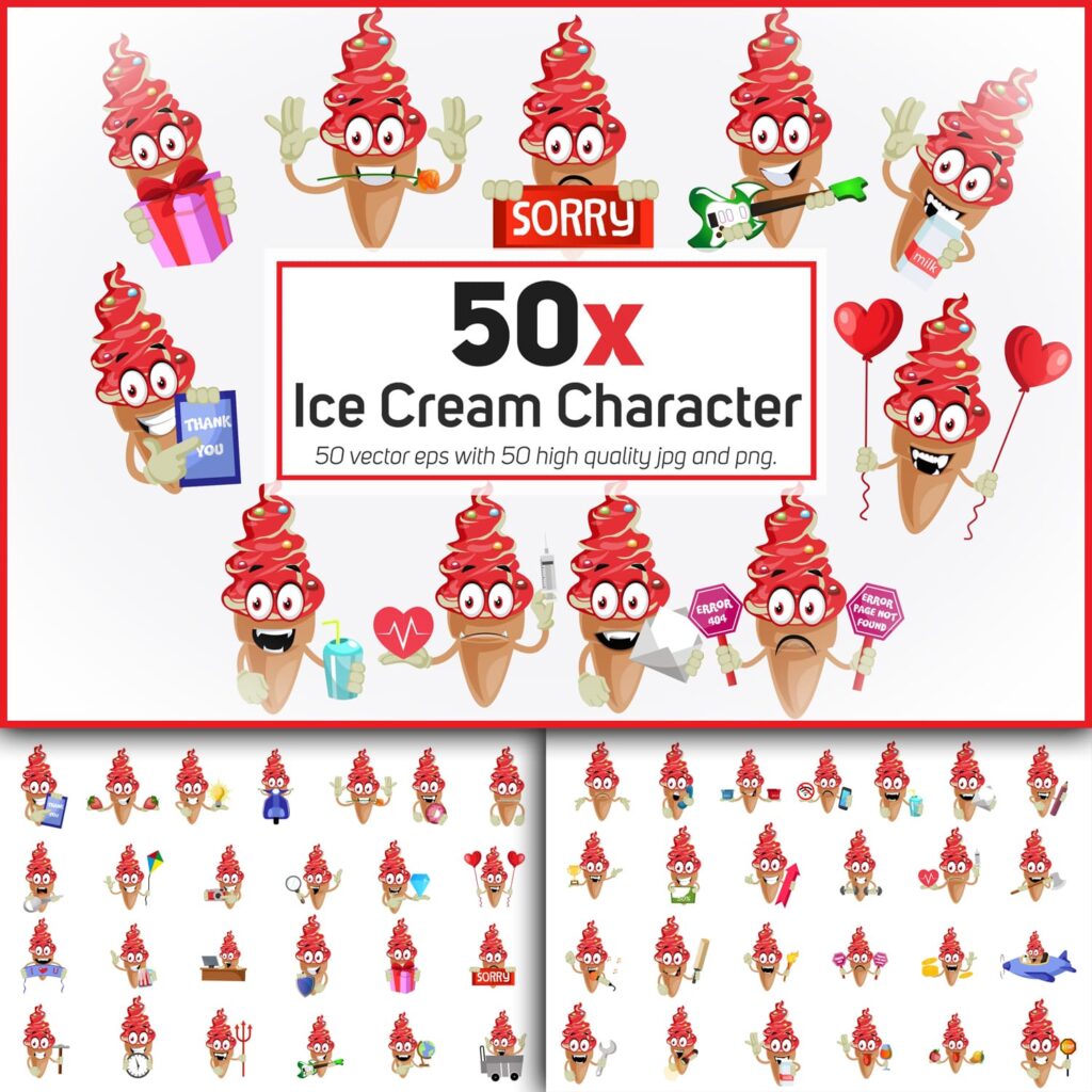 50x Ice Cream Character Collection Illustration. – MasterBundles