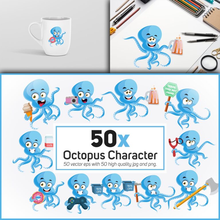 50x Octopus Character and Mascot Collection Illustration. – MasterBundles