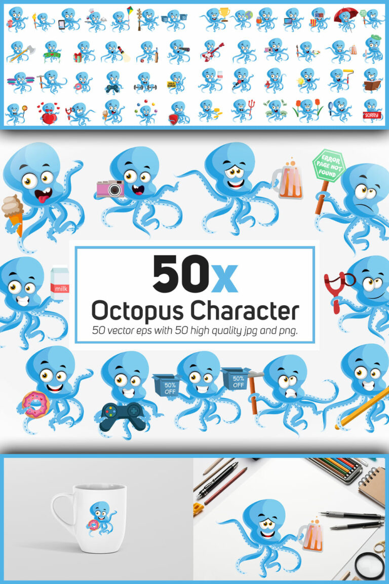 50x Octopus Character and Mascot Collection Illustration. – MasterBundles