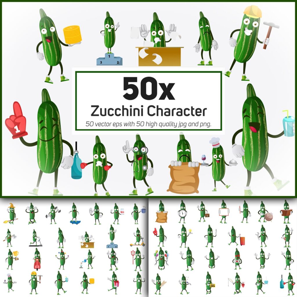 50x Zucchini Character and Mascot Collection Illustration. – MasterBundles