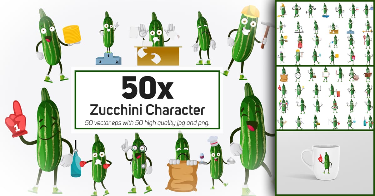 50x Zucchini Character and Mascot Collection Illustration. – MasterBundles