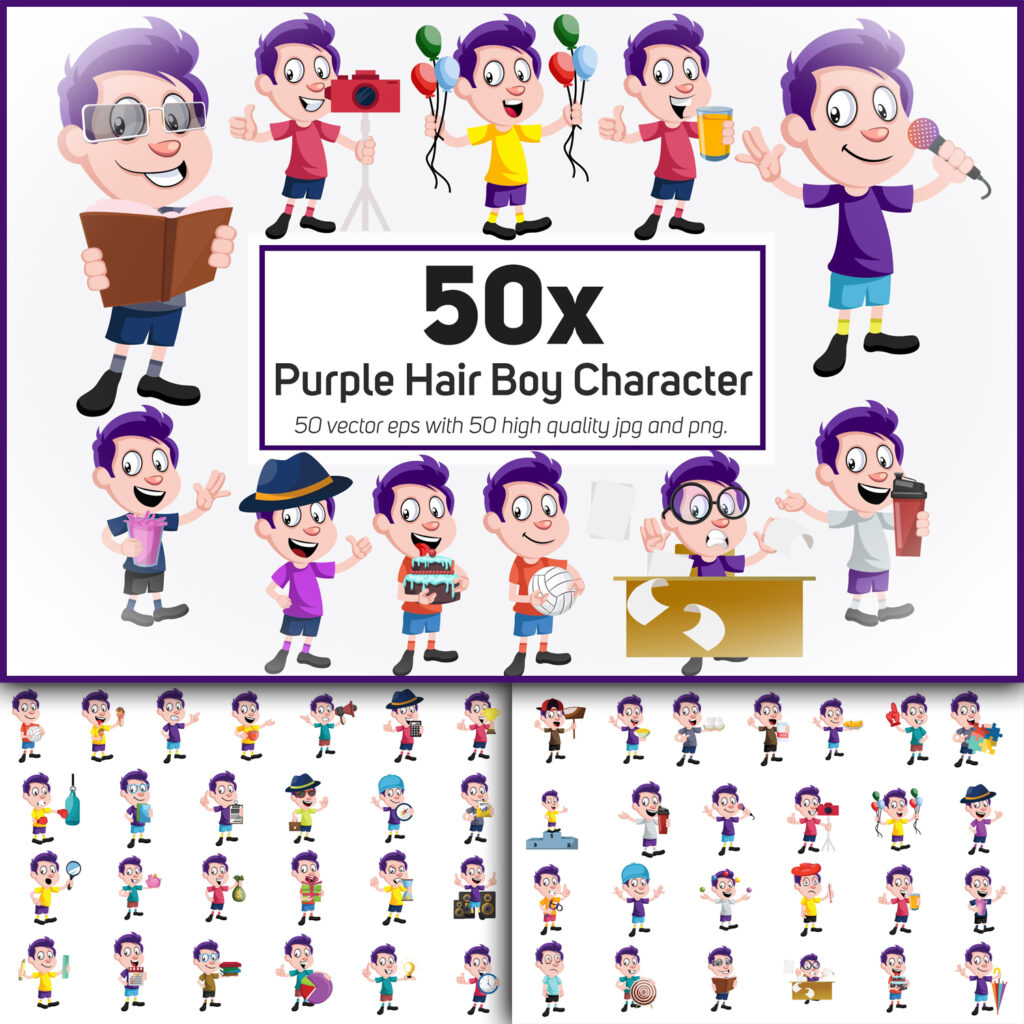 50 Purple Hair Boy Character and Daily Life Action – MasterBundles