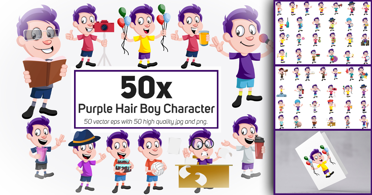 50 Purple Hair Boy Character and Daily Life Action – MasterBundles