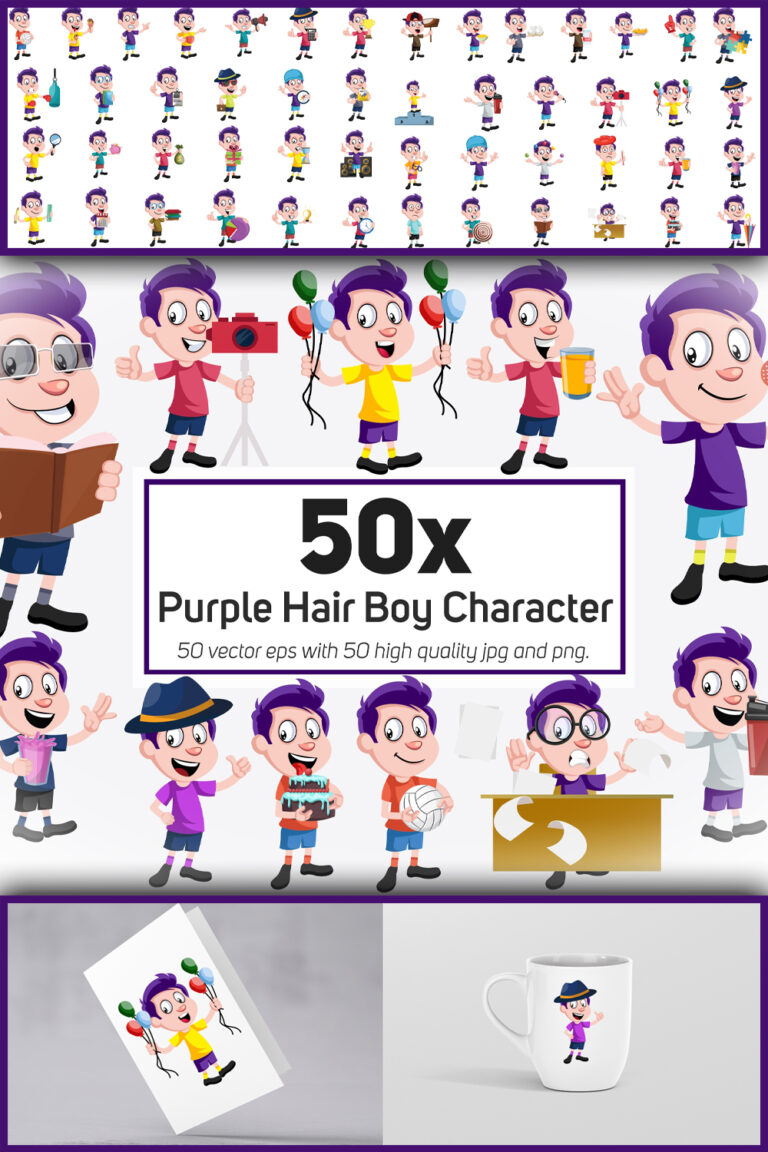 50 Purple Hair Boy Character and Daily Life Action – MasterBundles